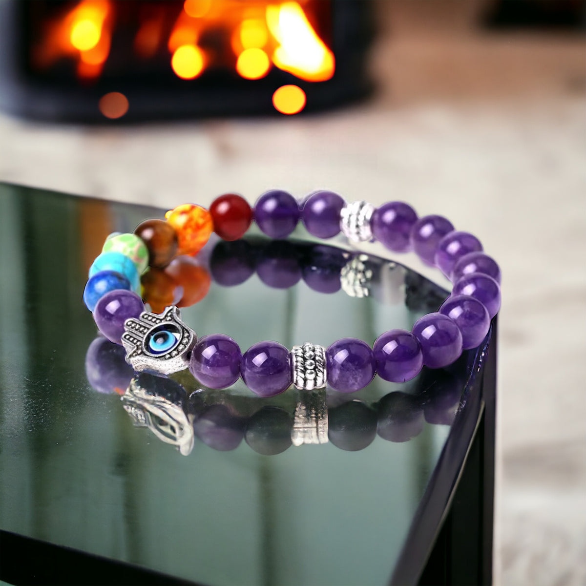 7 Chakra & Amethyst + Silver Hamsa Hand Evil Eye Custom Size Round Smo ...
