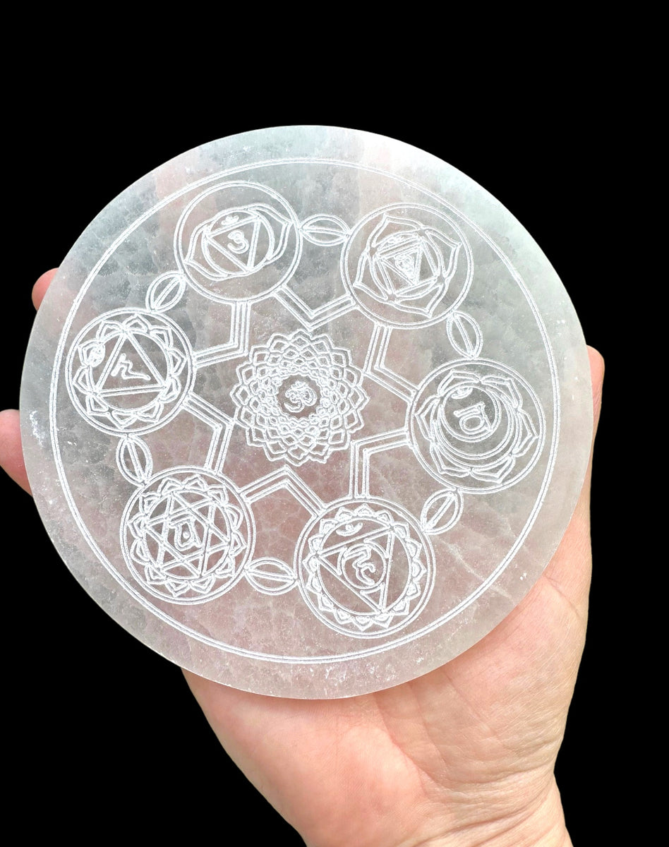 Selenite X-Large Engraved Etching Chakra Sacred Geometry Charging Plat ...