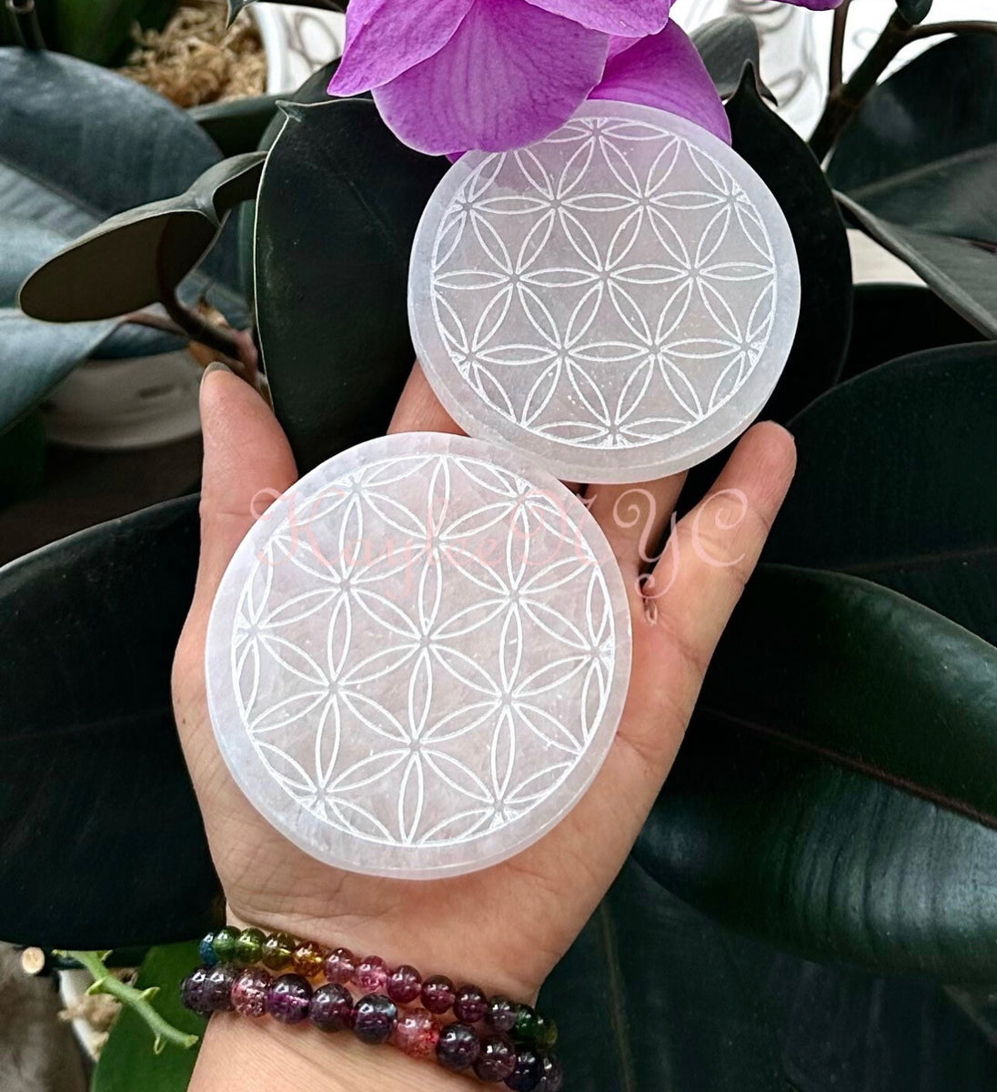 Selenite Engraved Etching Flower of Life Sacred Geometry Charging Plat ...